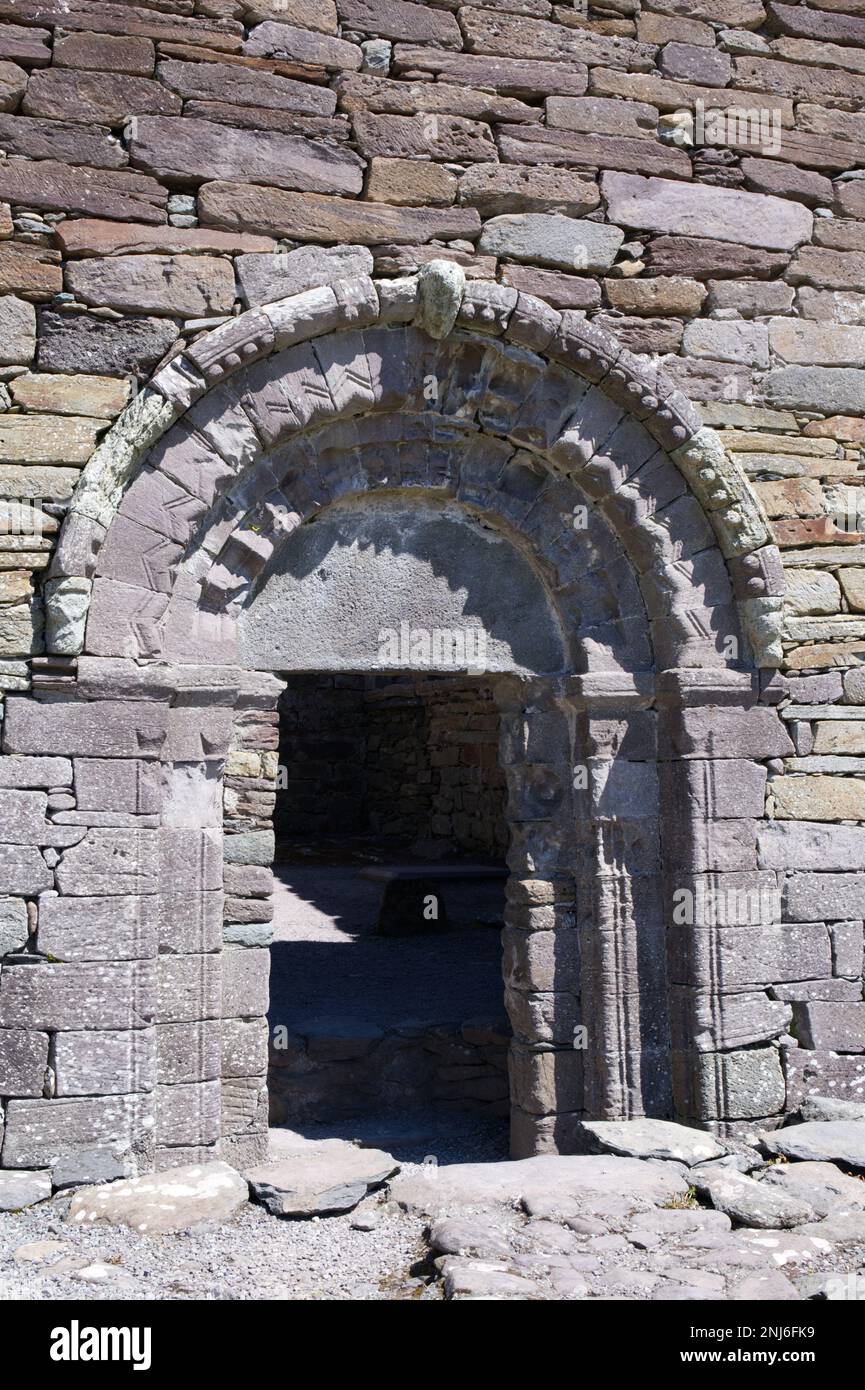 Carved romanesque entry arch to Kilmalkedar Church County Kerry EIRE ...