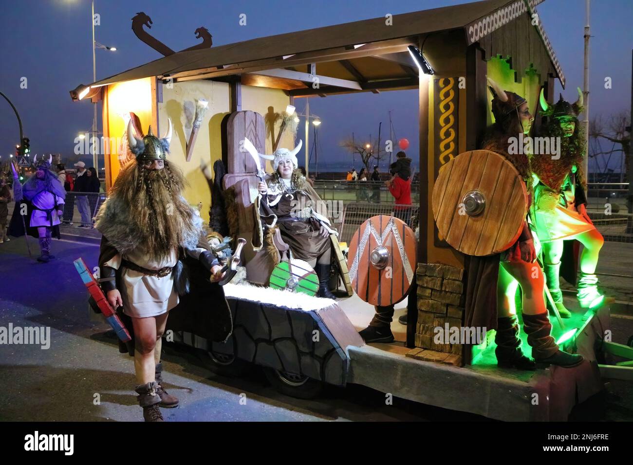 Evening carnival parade with viking theme in the Spanish north coast ...