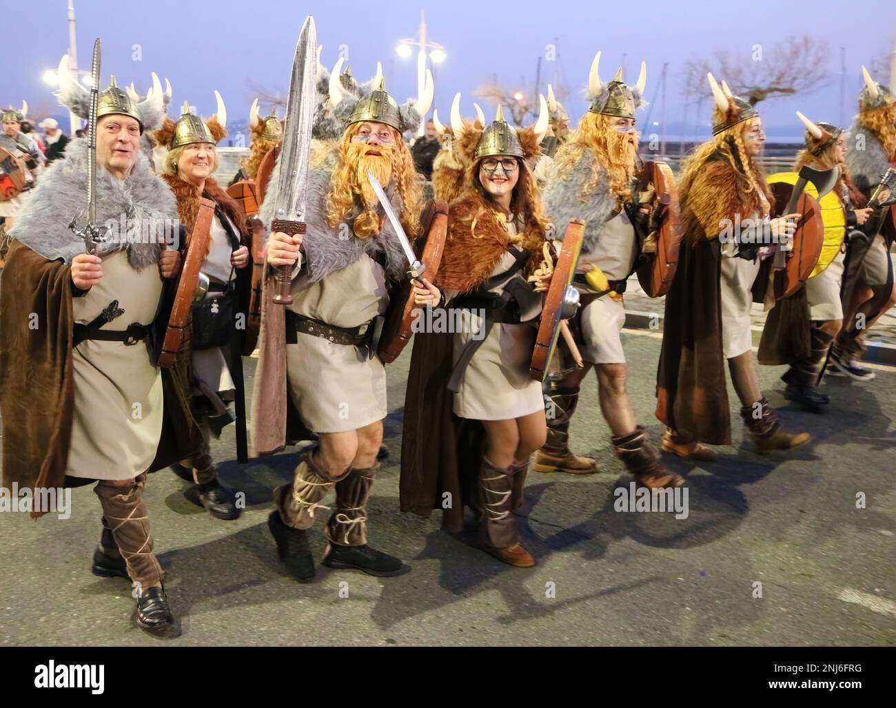 Evening carnival parade with viking theme in the Spanish north coast ...