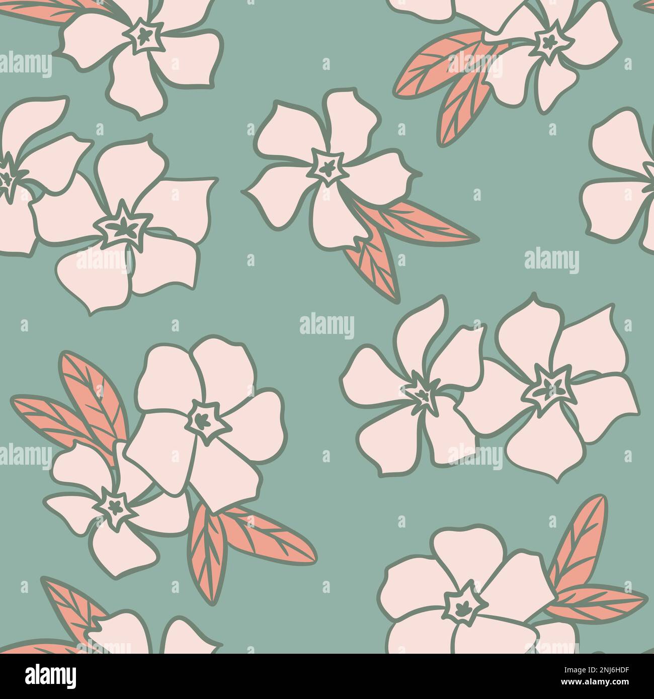 hand drawn seamless pattern with beige periwinkle flowers on sage green background. Floral ...