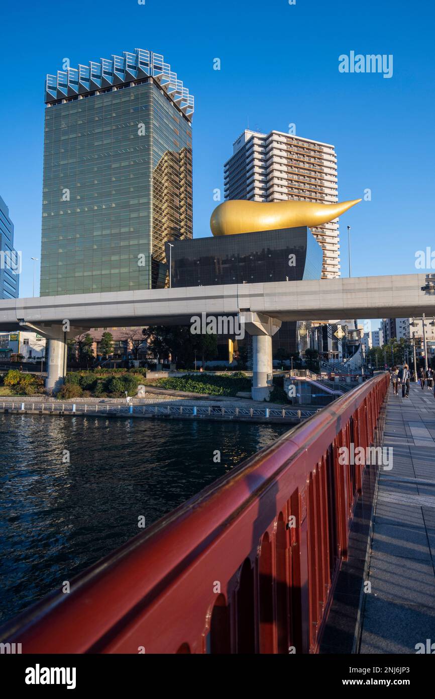 Skyline of Tokyo, Japan, at the Sumida River with the Golden Flame of ...