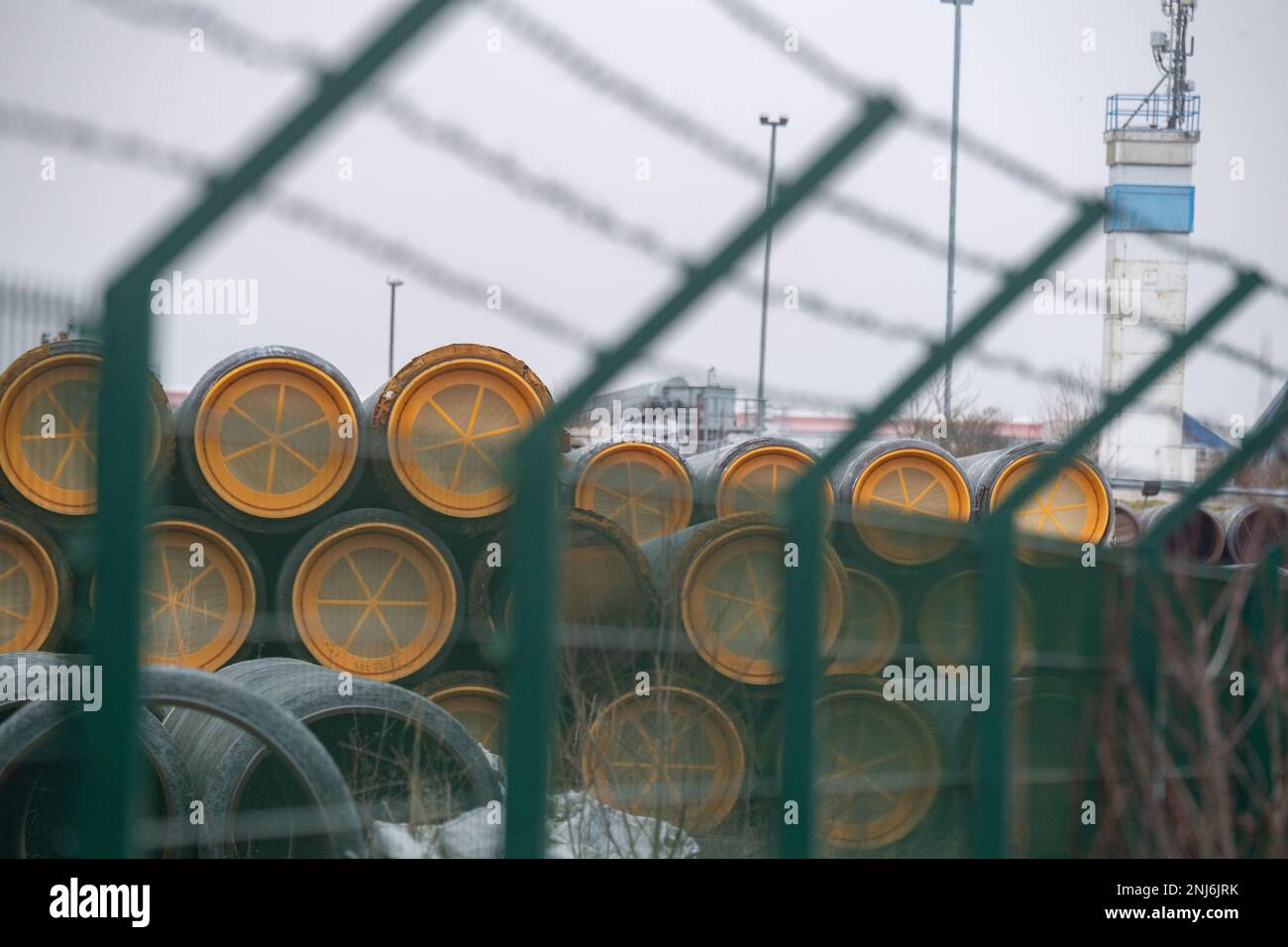 Mukran, Germany. 22nd Feb, 2023. Unused pipes for the Nord Stream 2 ...