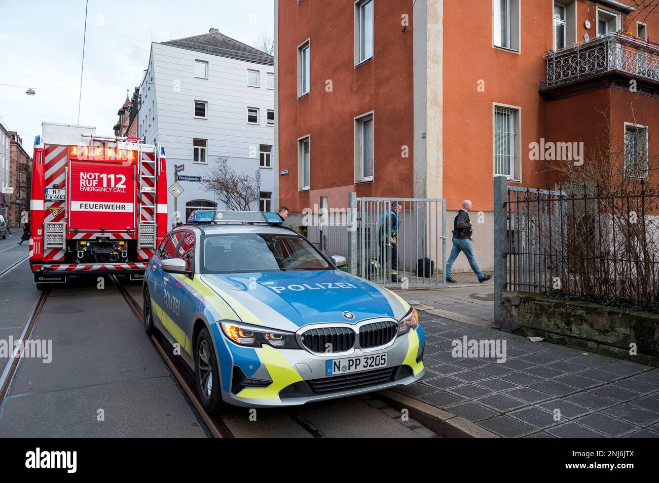 Nuremberg, Germany. 22nd Feb, 2023. Emergency forces of police and fire department go to the ...