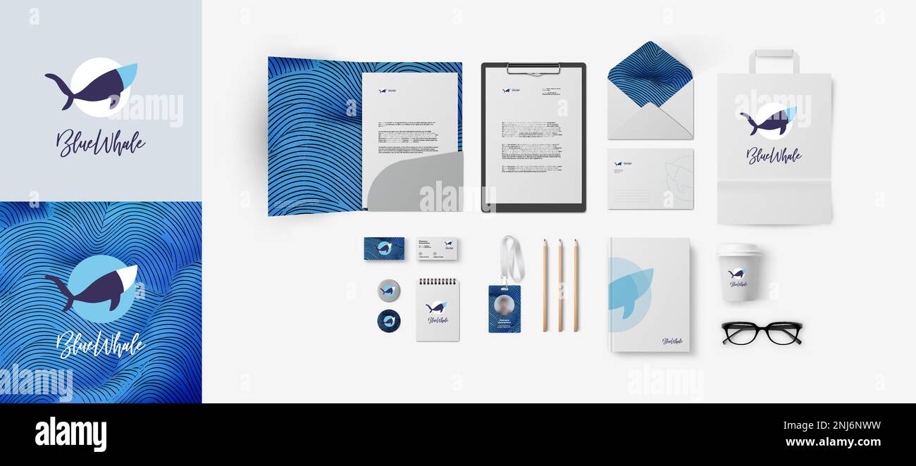 Blue logo with whale and bright relief pattern. Corporate identity ...