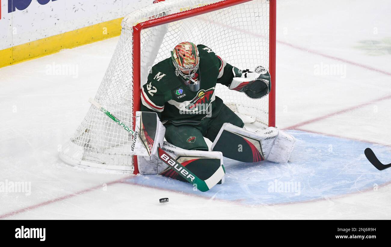 Minnesota Wild goalie Filip Gustavsson in action against the Los ...
