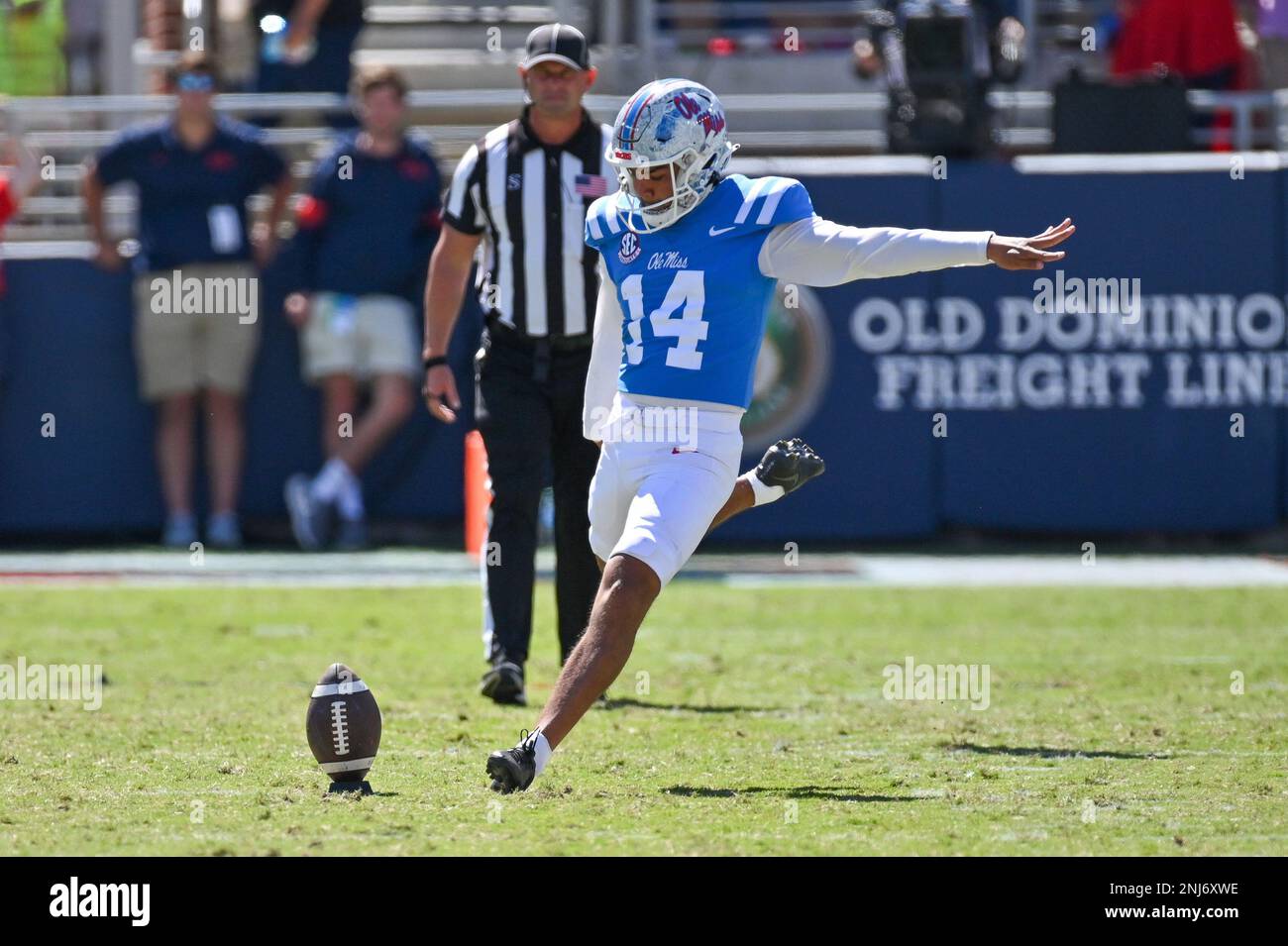OXFORD, MS - OCTOBER 01: Ole' Miss place kicker Jonathan Cruz (14) in ...