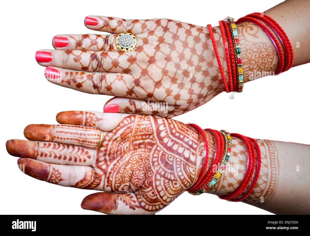 Beautiful woman dressed up as Indian tradition with henna mehndi design ...