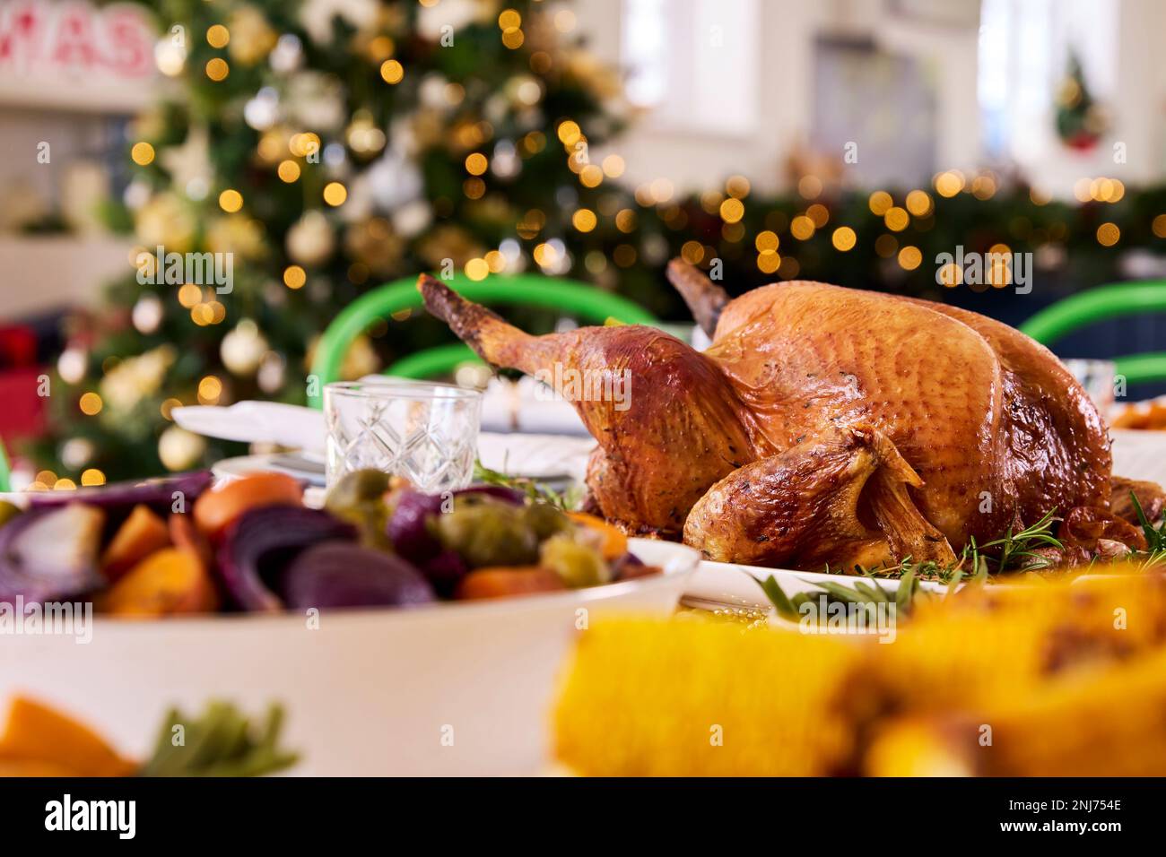 Table At Home Set For Christmas Lunch With Roast Turkey And Vegetables ...