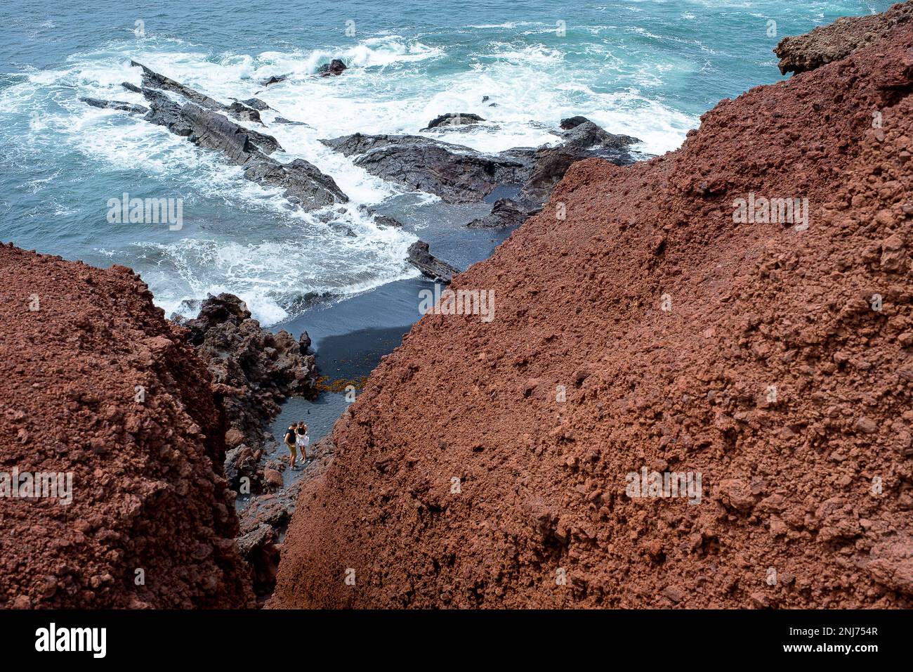 Lava beaches at the fishing village El Golfo, Lanzarote island, Canary ...