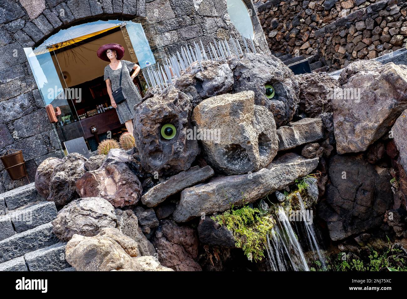 Tourist visiting the Cactus garden, creation of artist Cesar Manrique ...