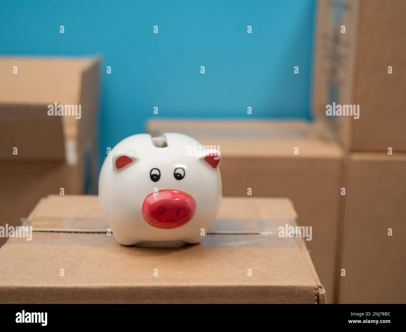 Humanitarian aid. Cardboard boxes with donations on a blue background ...