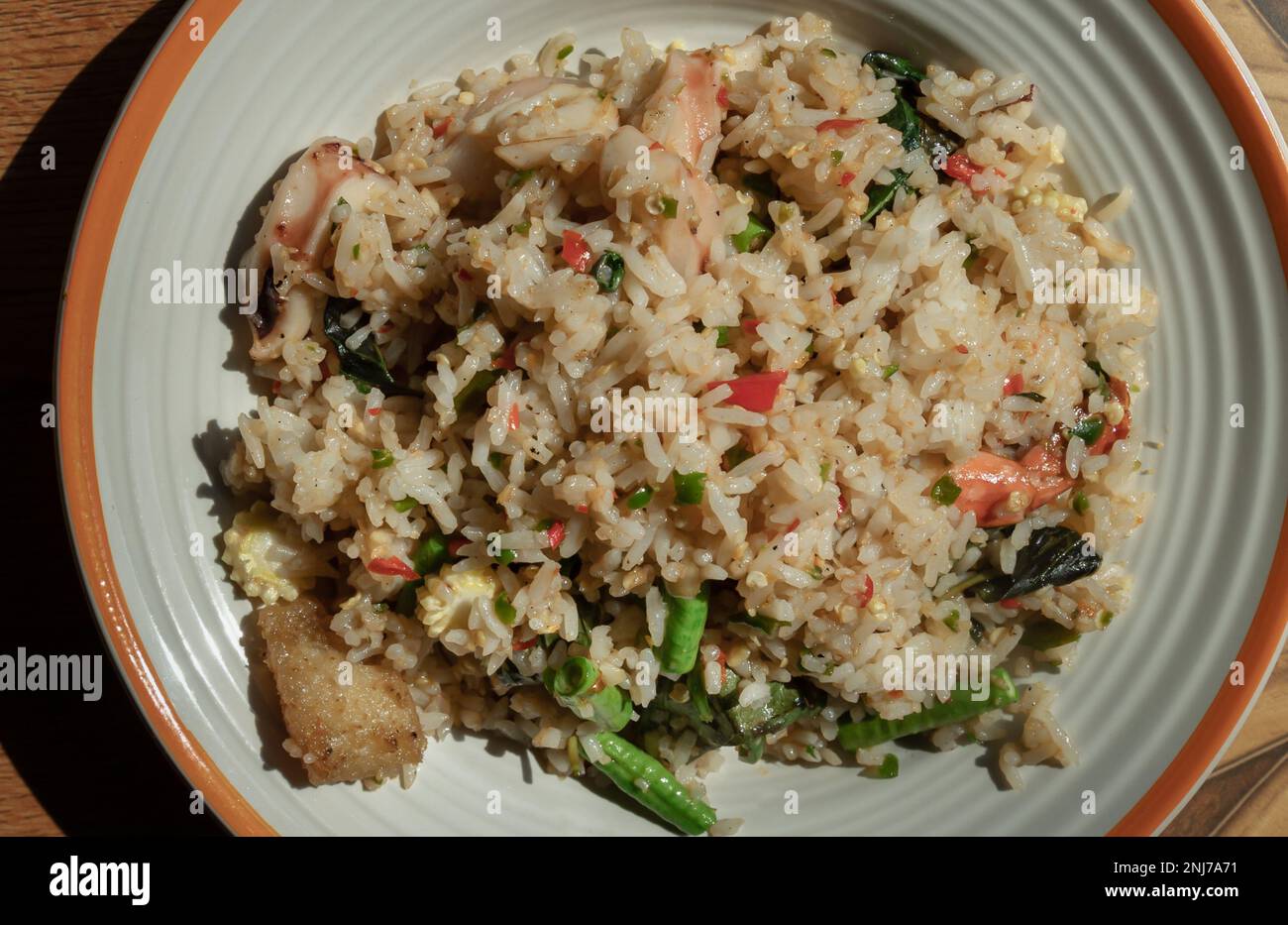 Homemade Holy Basil and Spicy Herb Fried Rice with Shrimps, Squid and ...