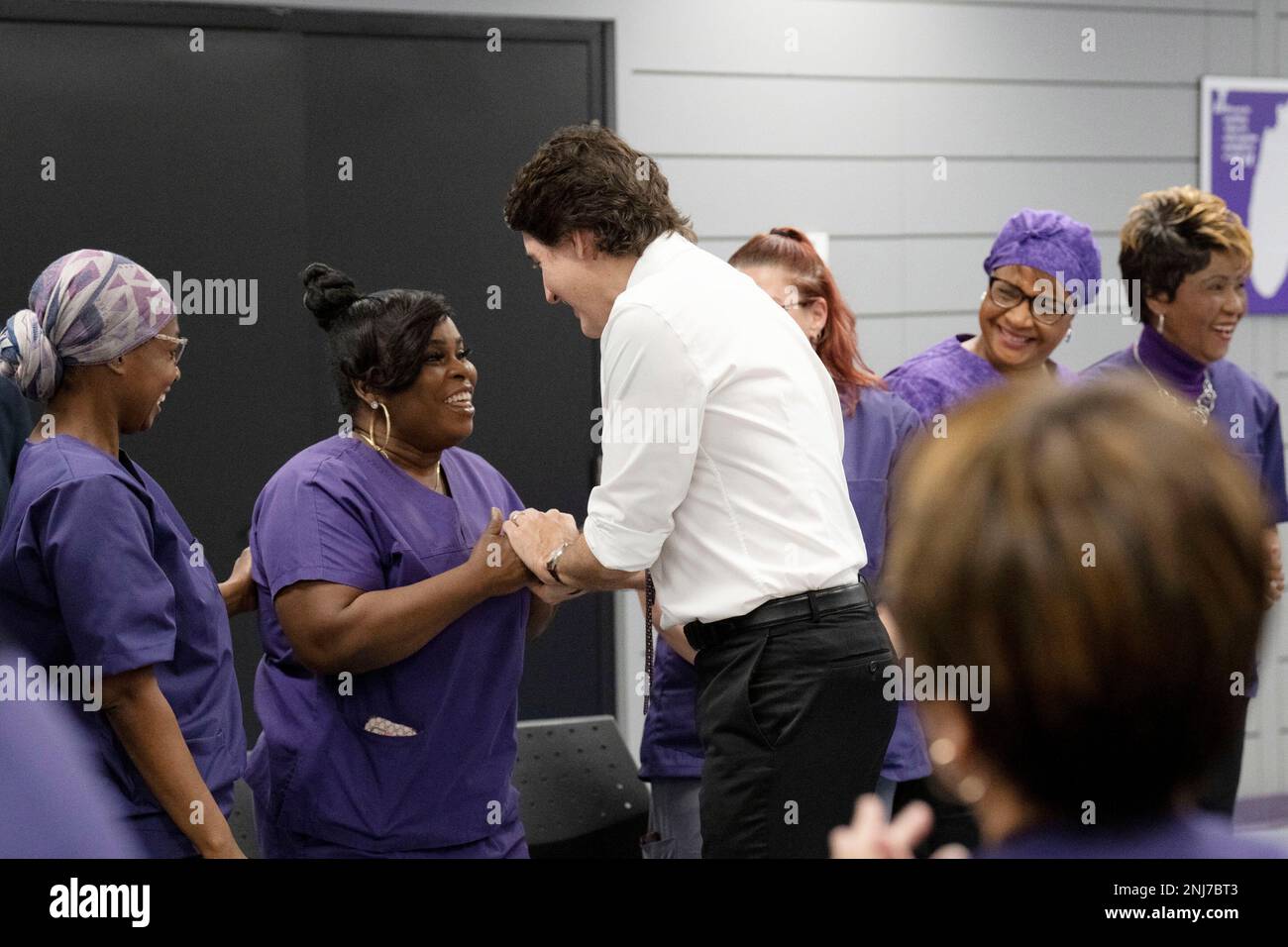 Prime Minister Justin Trudeau greets personal support worker Kelly ...