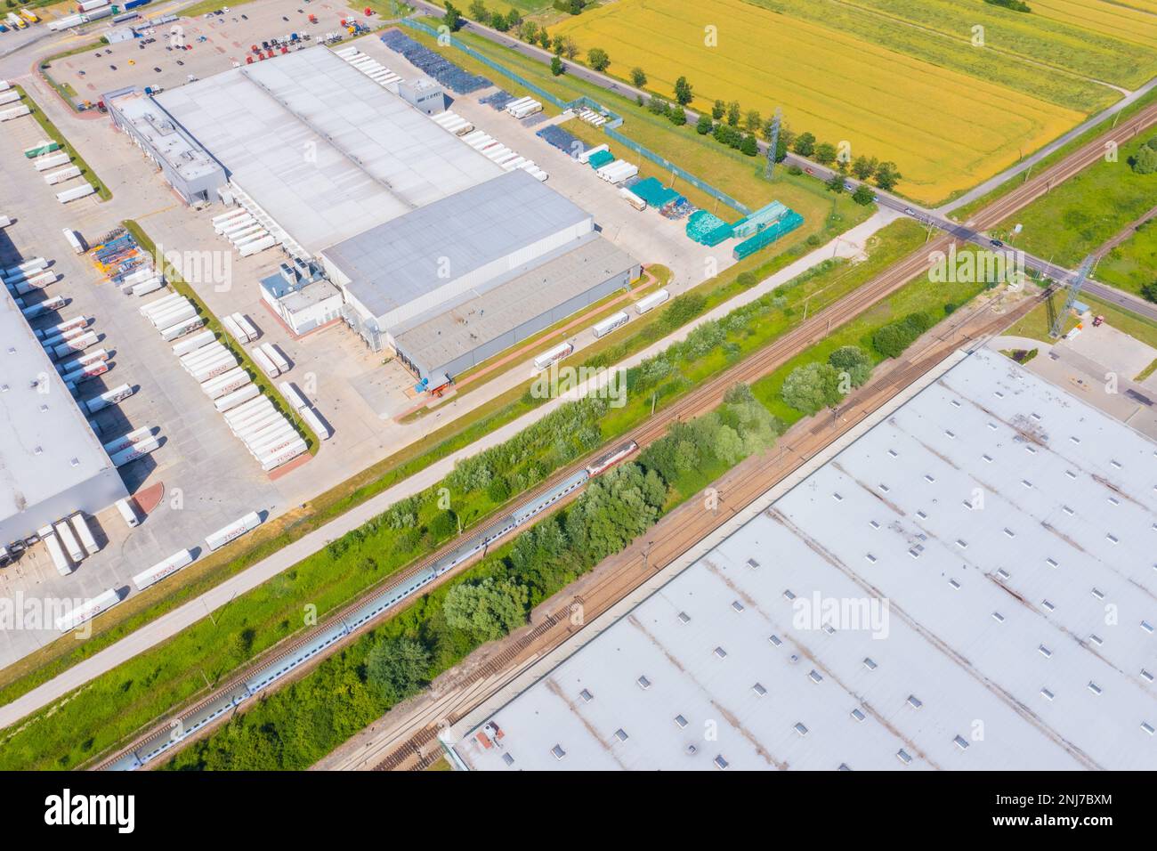 Aerial view of goods warehouse. Logistics center in industrial city ...