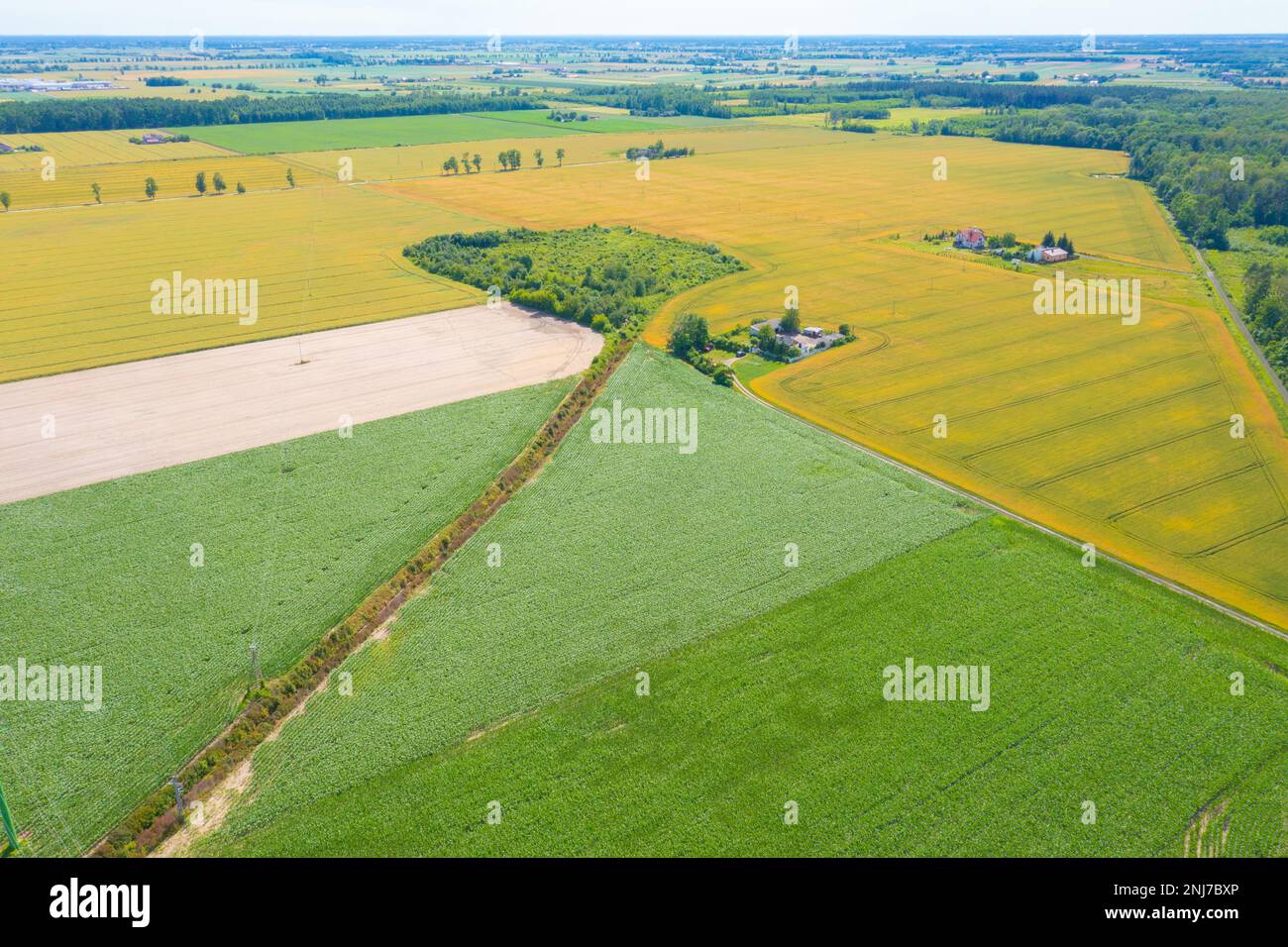 Aerial view of agriculture fields and road . Arable land view from ...