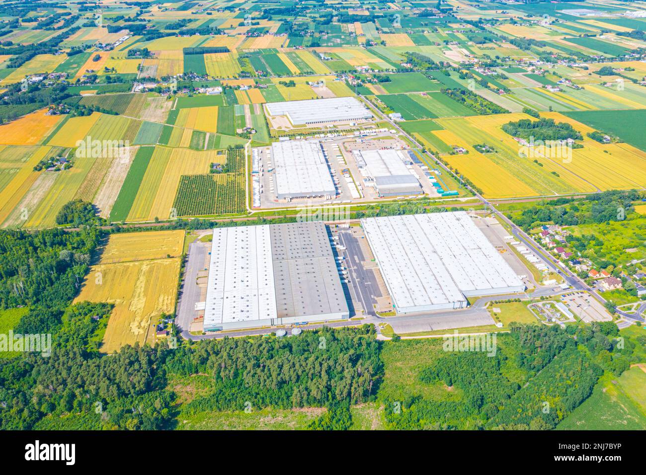 Aerial view of goods warehouse. Logistics center in industrial city ...