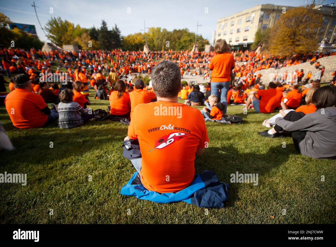 People attend the second annual Orange Shirt Day Survivors Walk and Pow ...