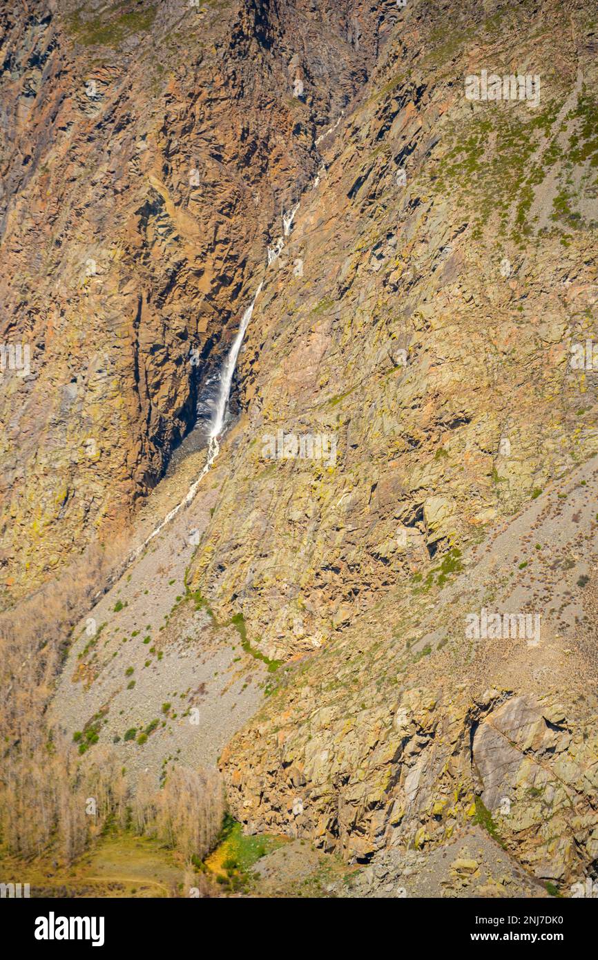 View from mountain pass Katu-Yaryk of waterfall, which falls from a ...