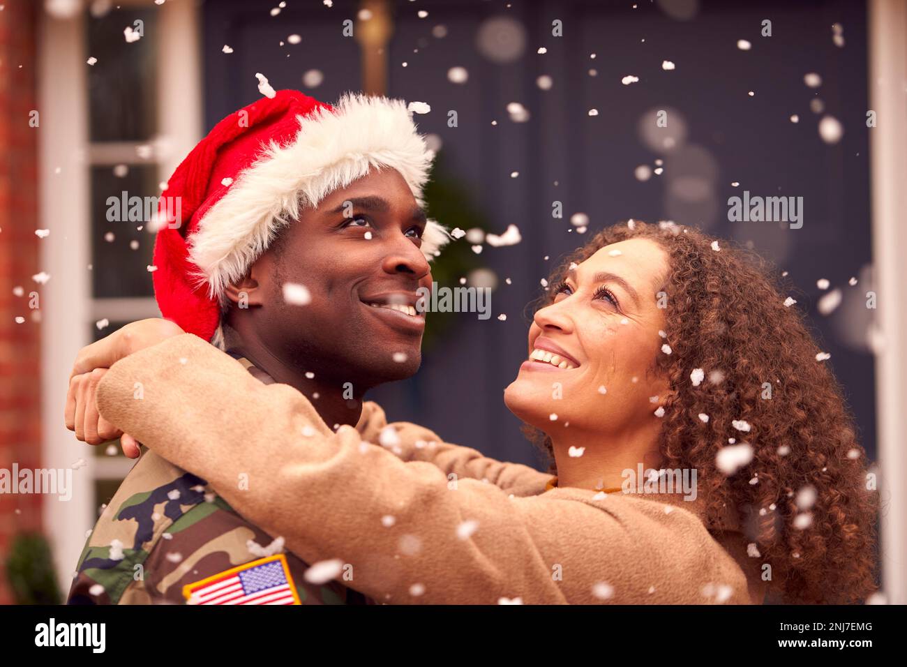 American Soldier In Uniform Wearing Santa Hat Returning Home On ...