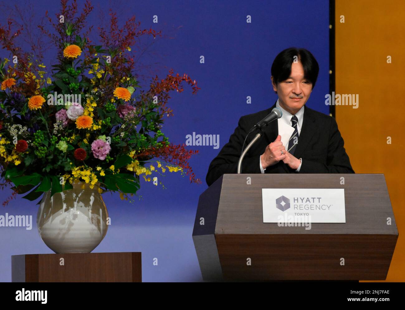 Japanese Crown Prince Akishino delivers his speech during the 70th ...