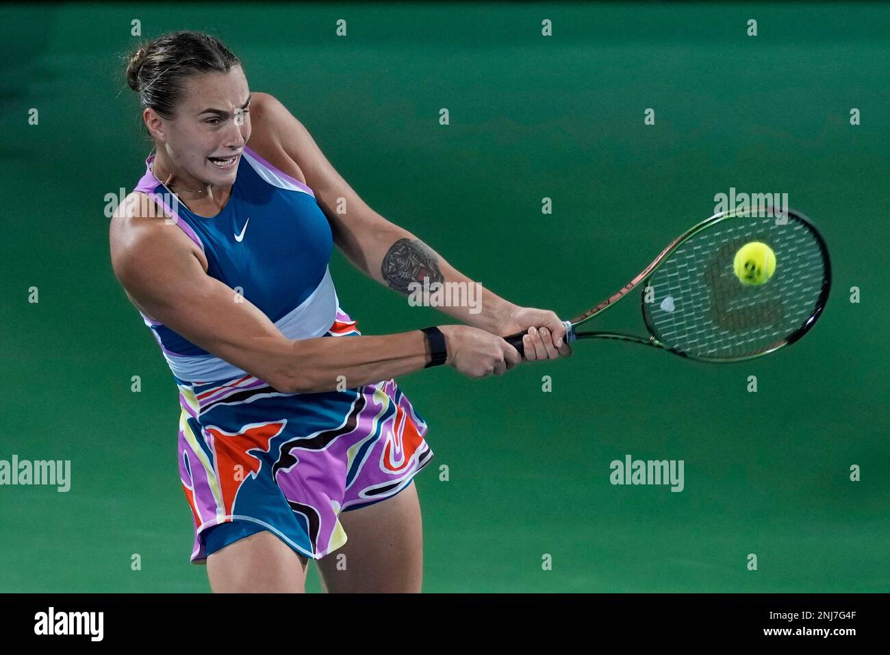 Aryna Sabalenka returns the ball to Latvia's Jeļena Ostapenko during a ...