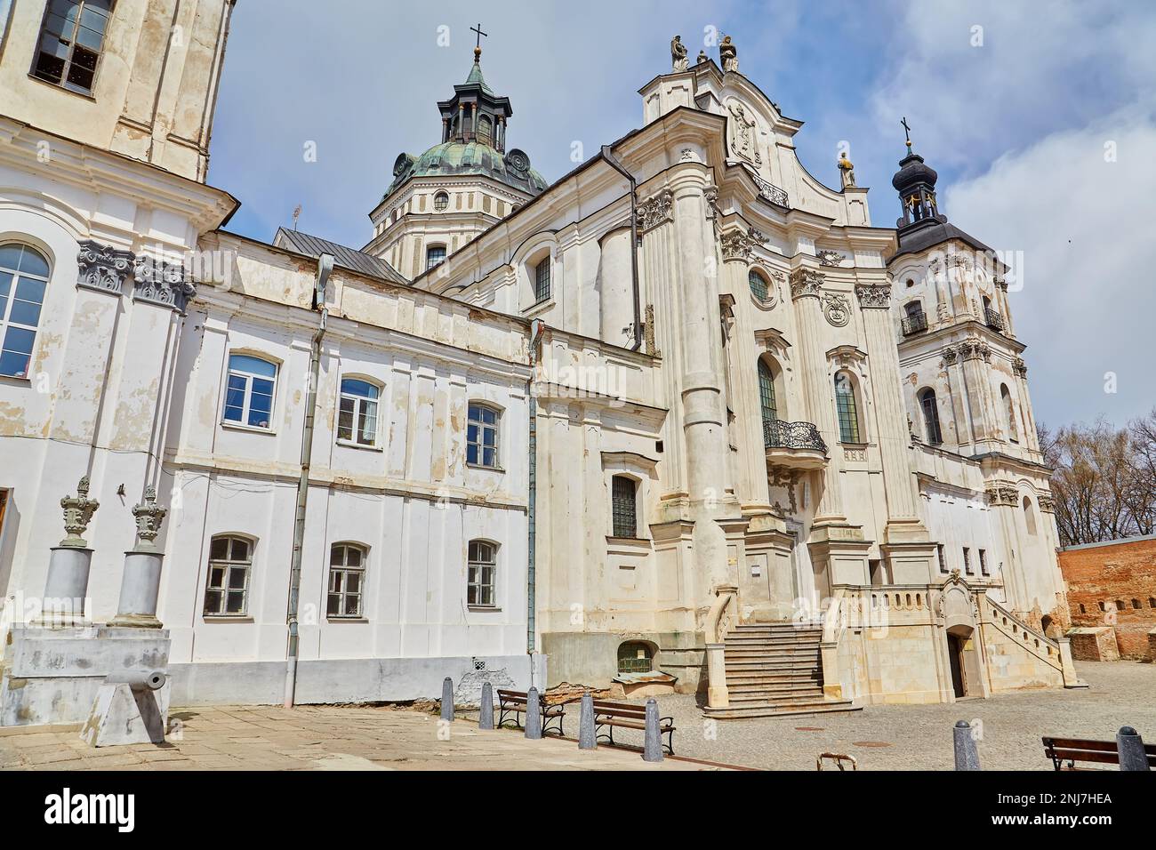 The exterior of the church facade in the old monastery of the Order of ...