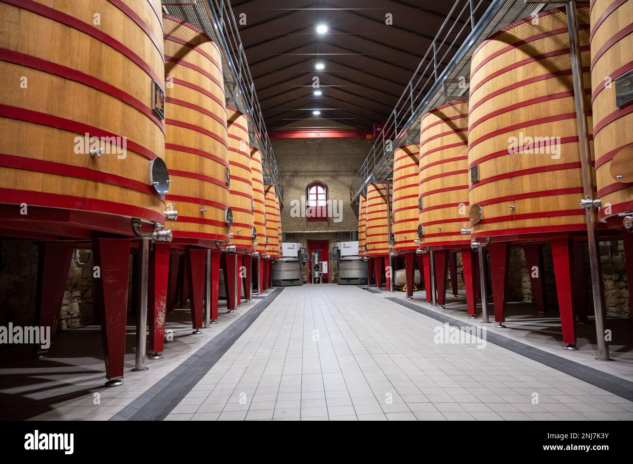 Modern large wooden barrels for wine fermentation process, red and white wine making in La Rioja ...