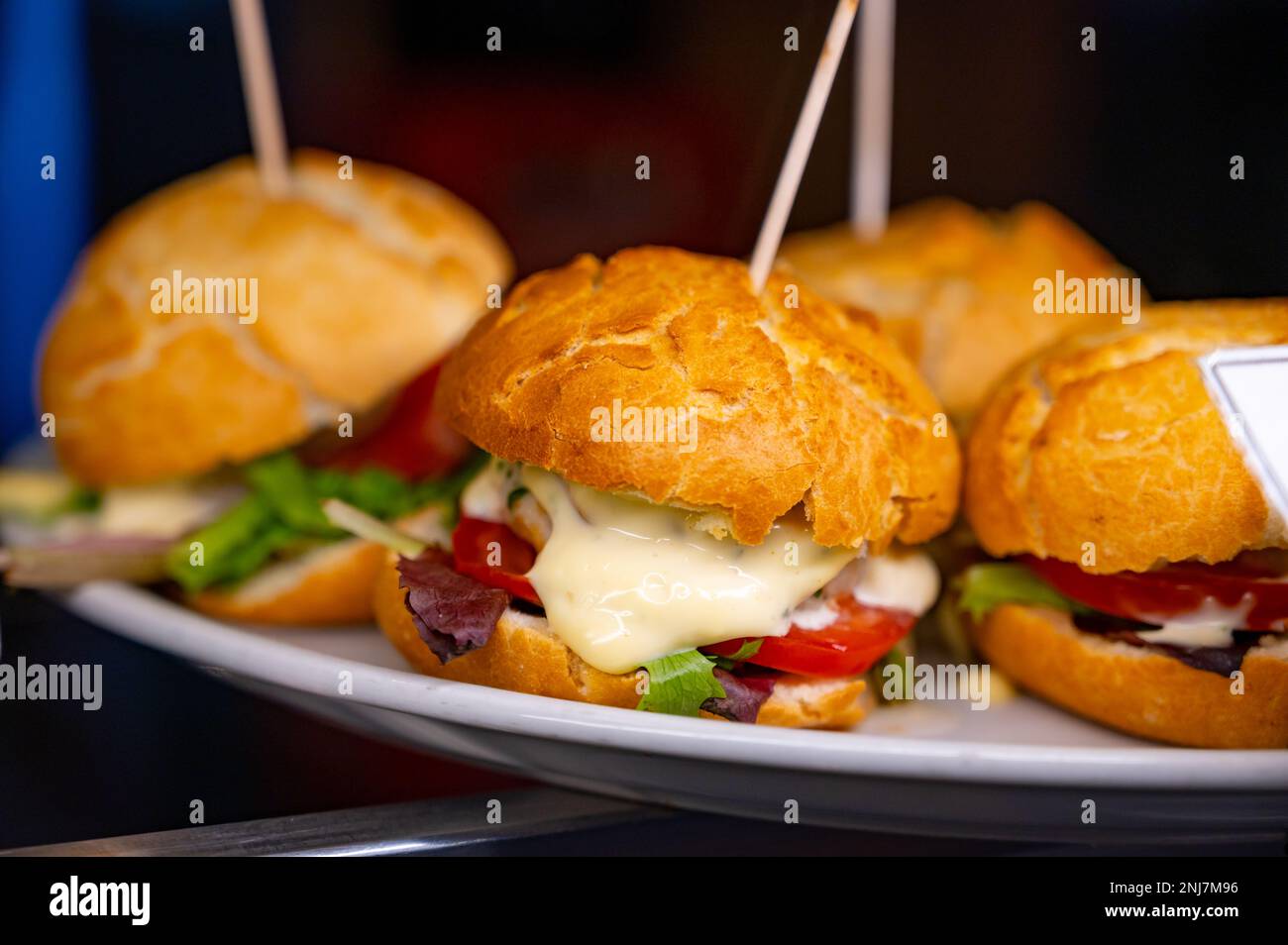 Typical mini burger snack of Basque Country, pinchos or pinxtos, small ...