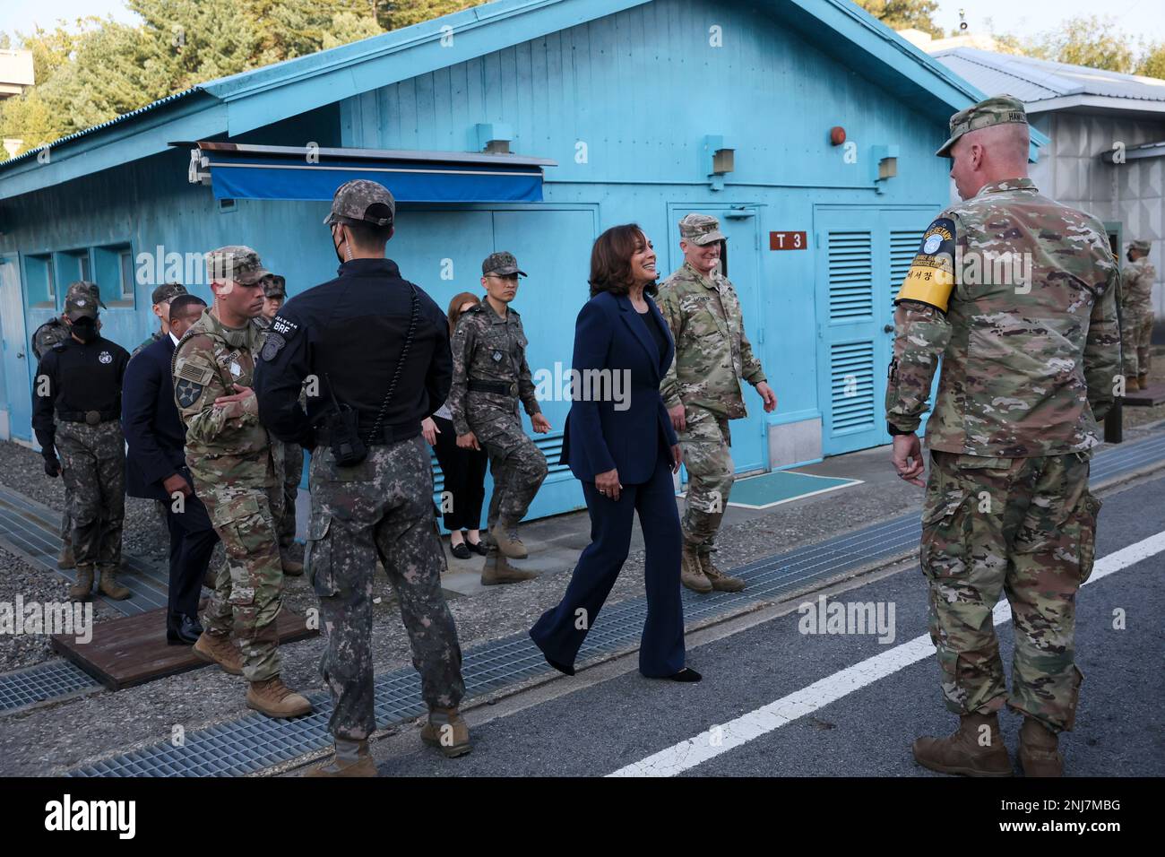 U.S. Vice President Kamala Harris walks next to the demarcation line at ...
