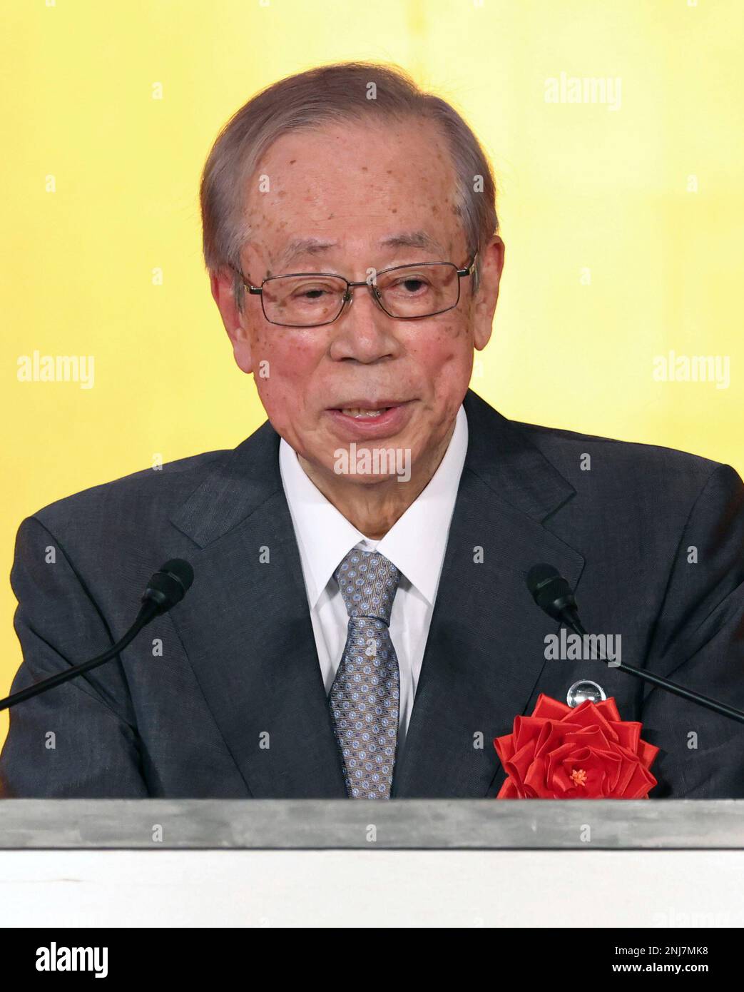 Japan's former Prime Minister Yasuo Fukuda delivers a speech during a ...
