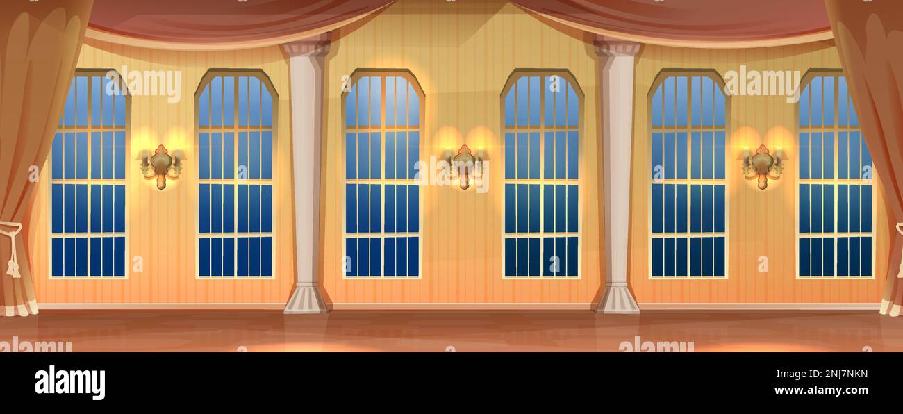 Vector cartoon style illustration. Castle indoor interior. Hall luxury ...