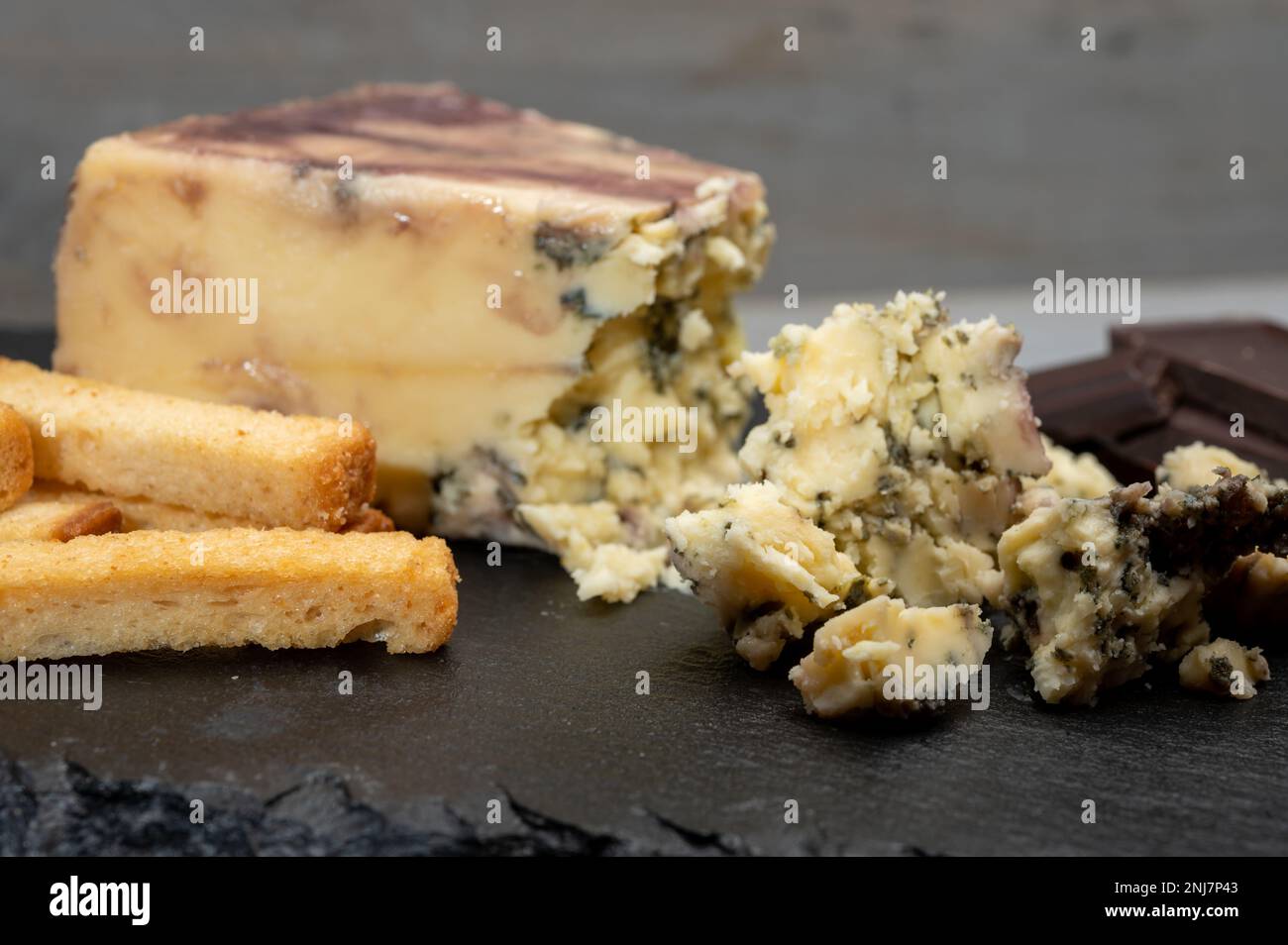 Cheese collection, blue stilton English cheese matured in red porto ...