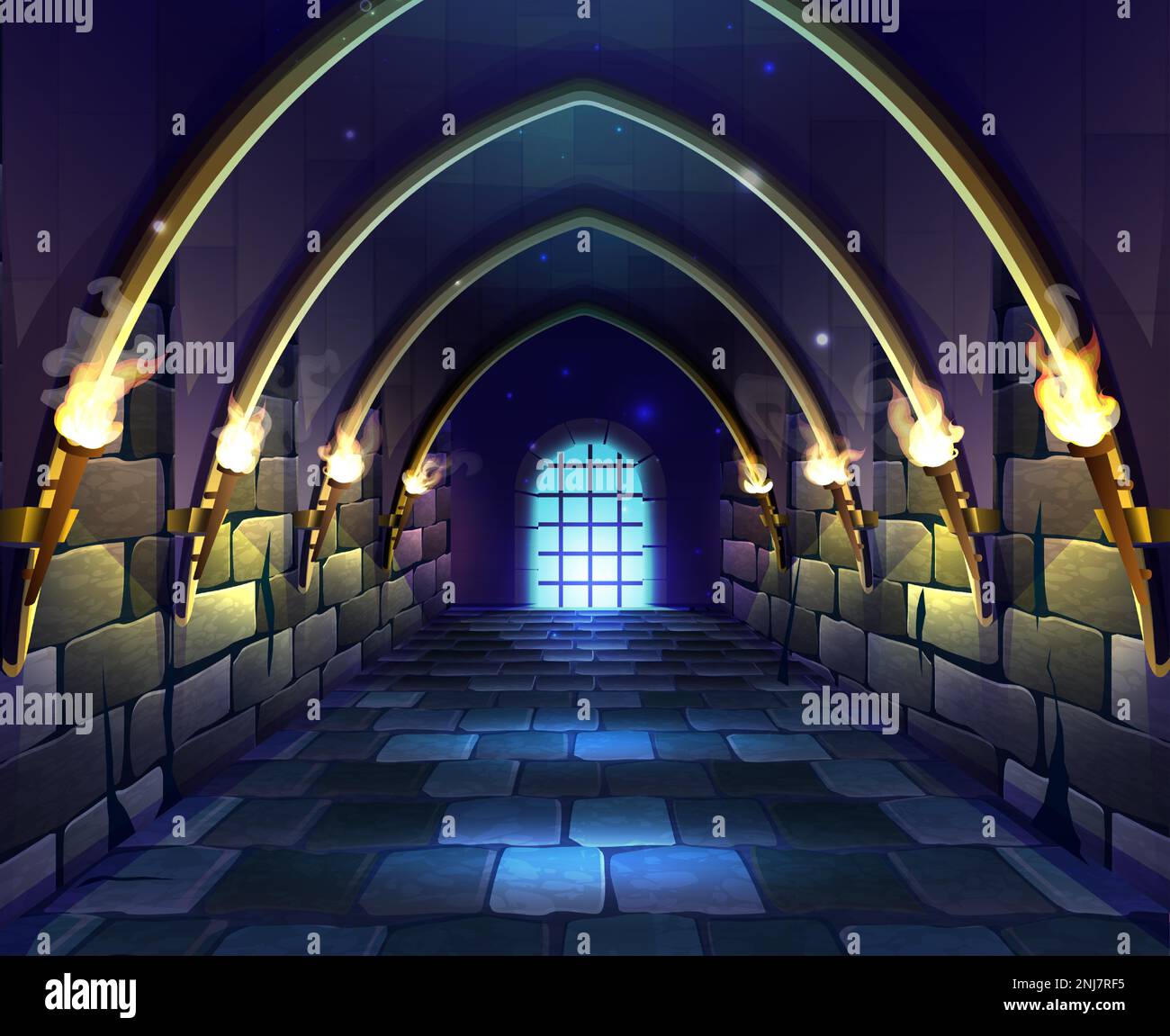 Vector cartoon style illustration. Old medieval castle dungeon hall ...