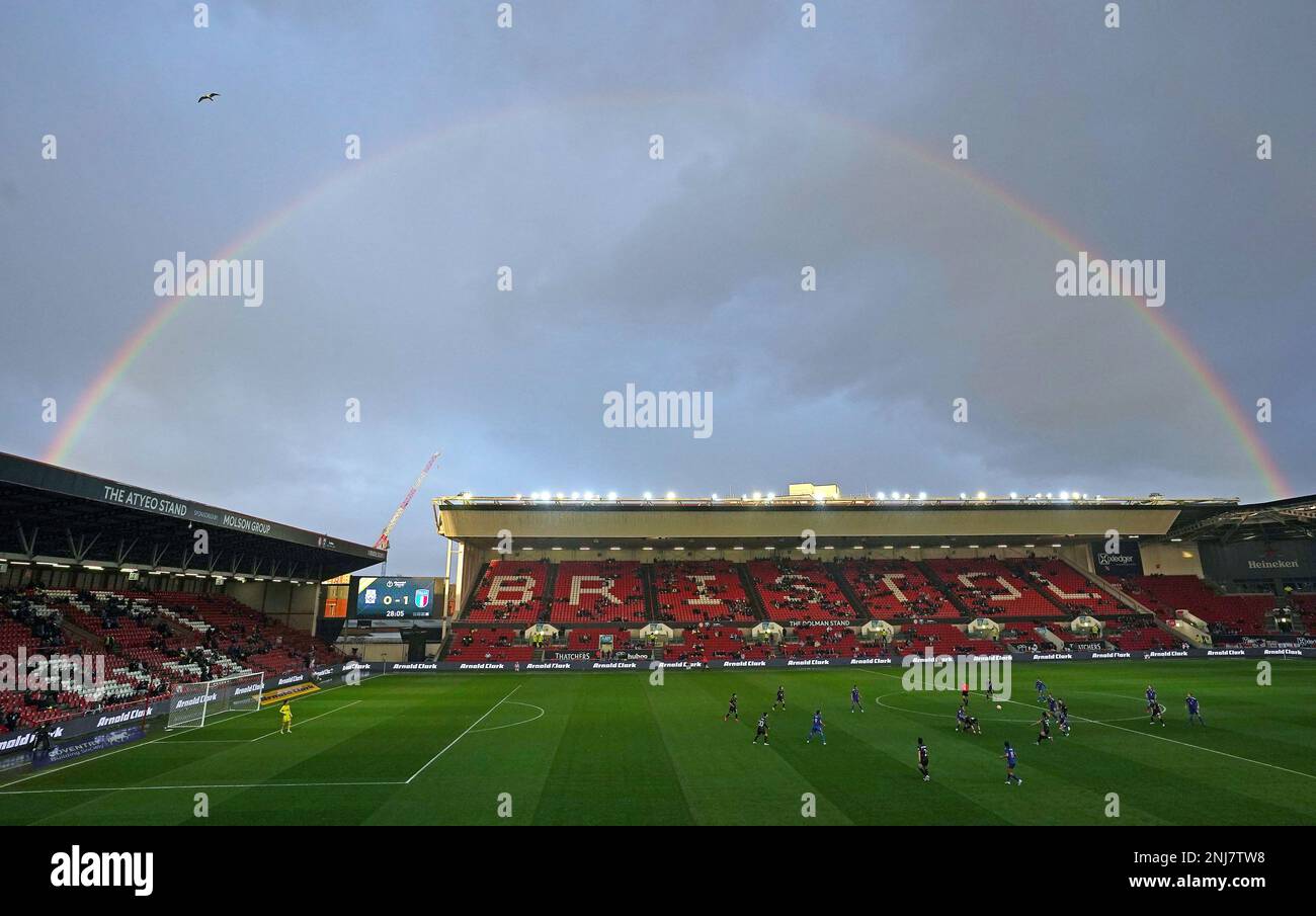A rainbow appears above the stadium during the Arnold Clark Cup match ...
