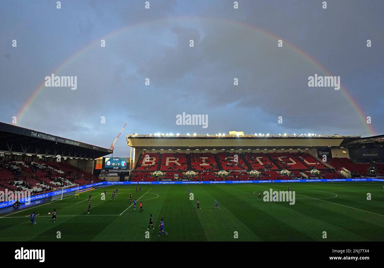A rainbow appears above the stadium during the Arnold Clark Cup match ...