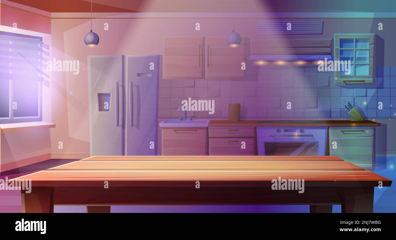 Modern vector cartoon style illustration of night kitchen room in the ...
