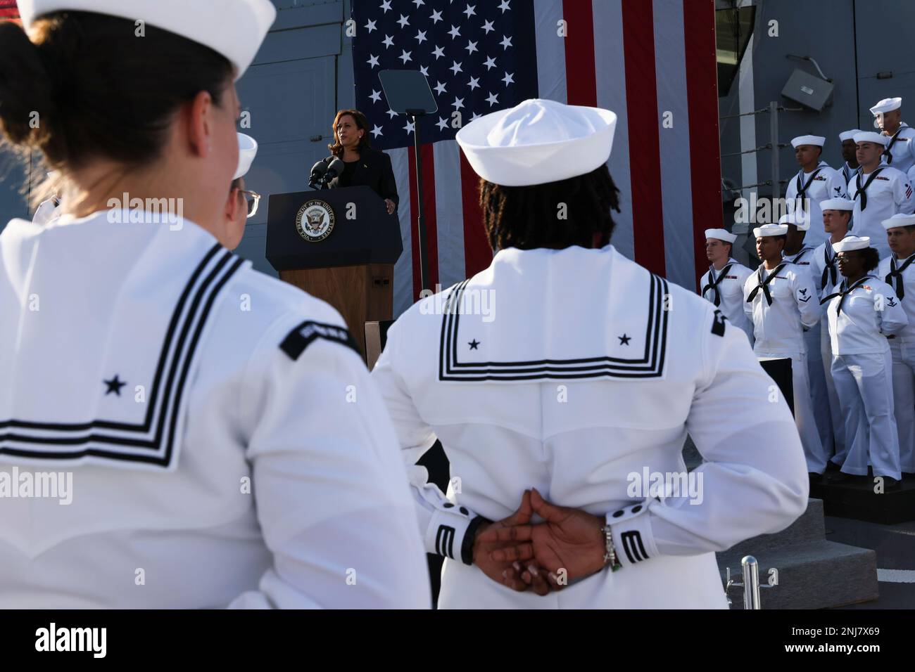 U.S. Vice President Kamala Harris delivers remarks during her visit to ...