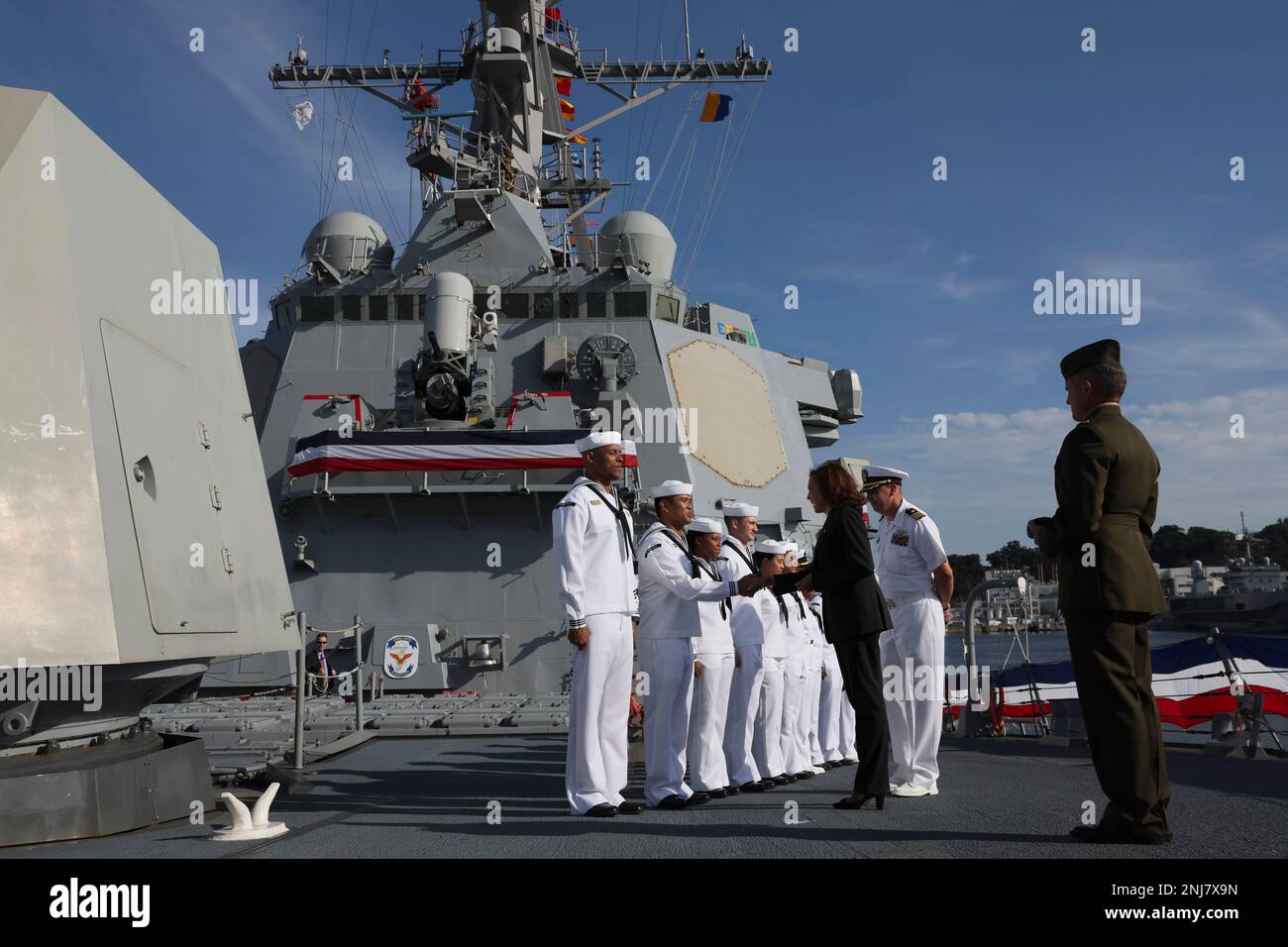 U.S. Vice President Kamala Harris, center, meets with members of the U ...