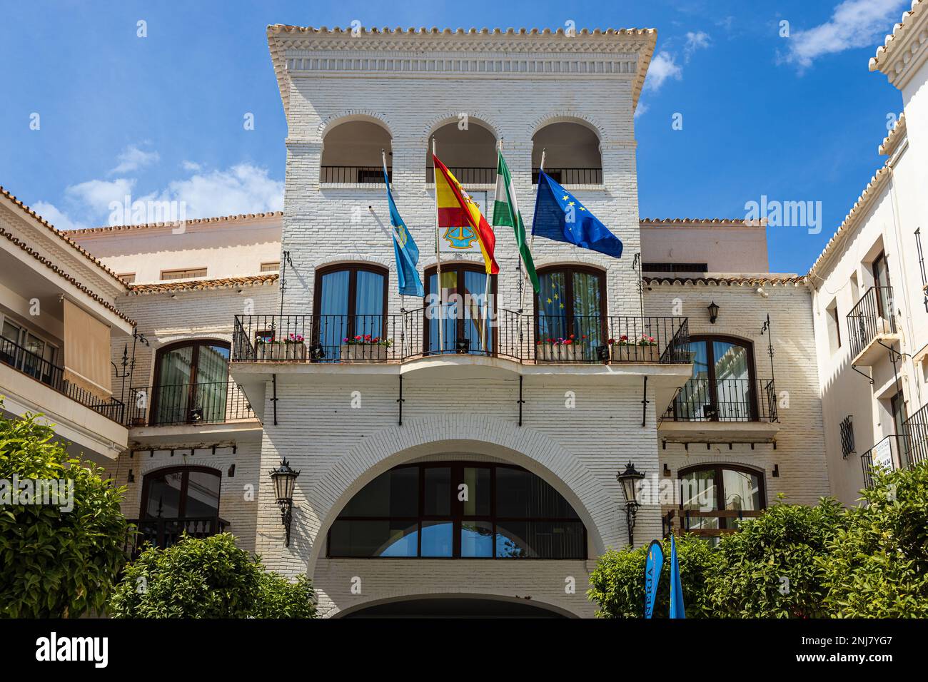 Headquarters of the Nerja Town Hall (Ayuntamiento de Nerja), white ...