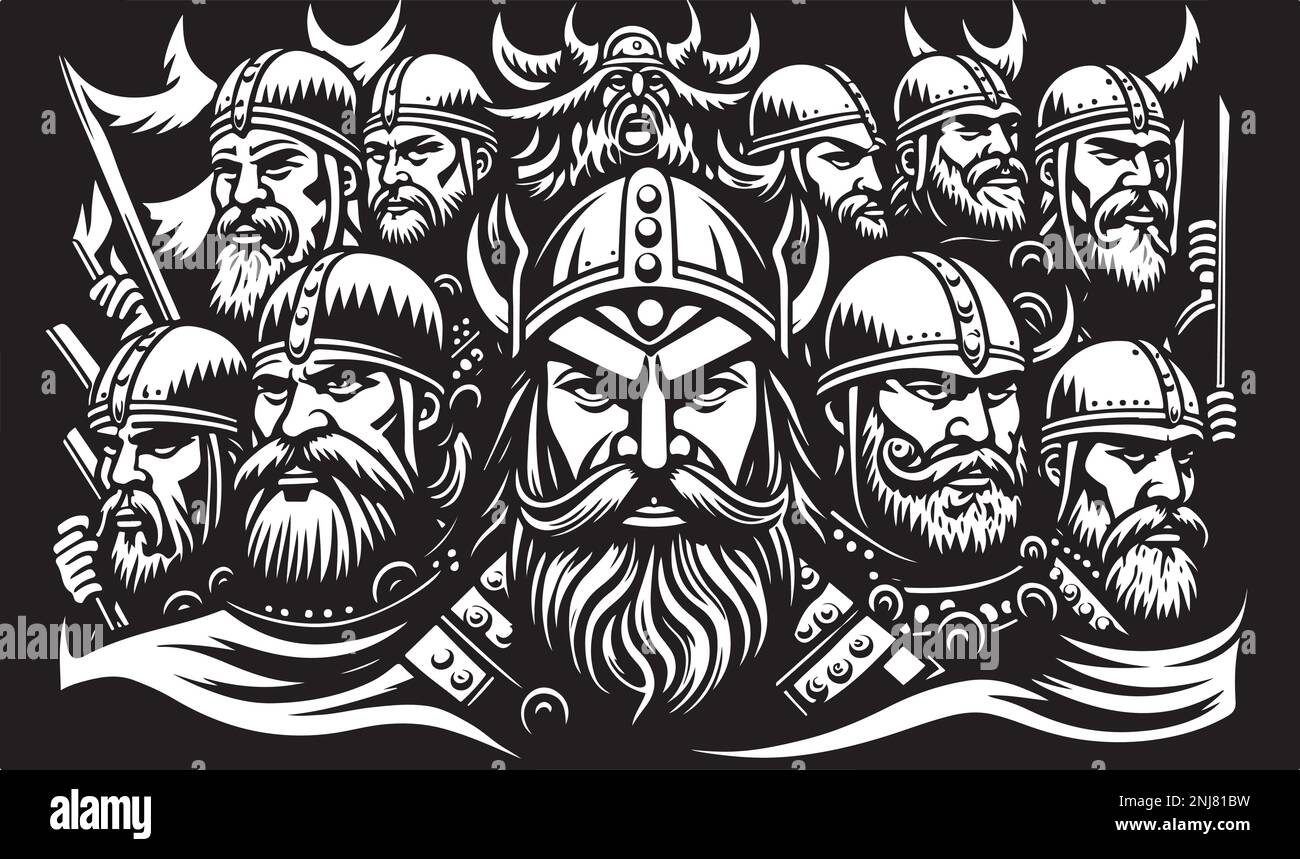 Beautiful and trendy black and white linocut art of a viking Stock ...