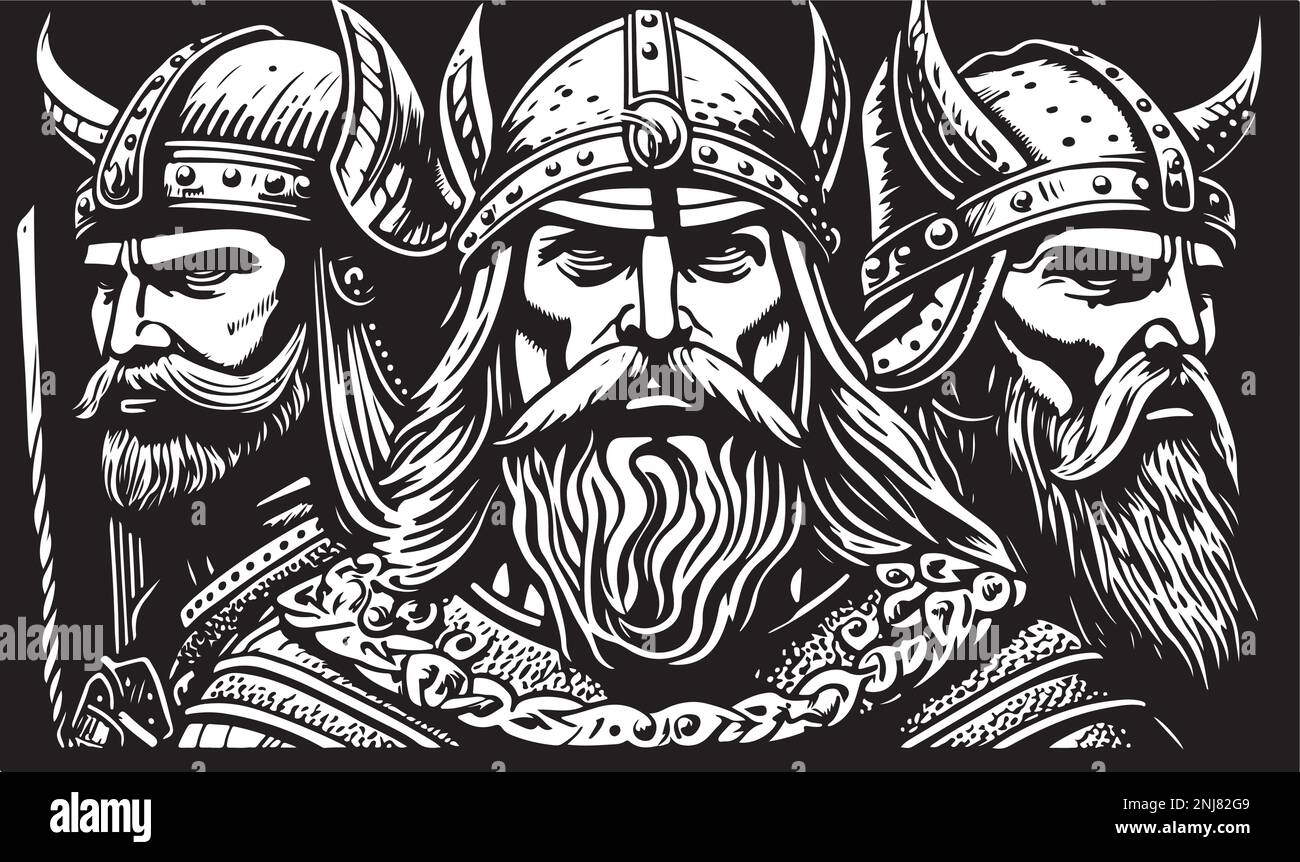 Beautiful and trendy black and white linocut art of a viking Stock ...