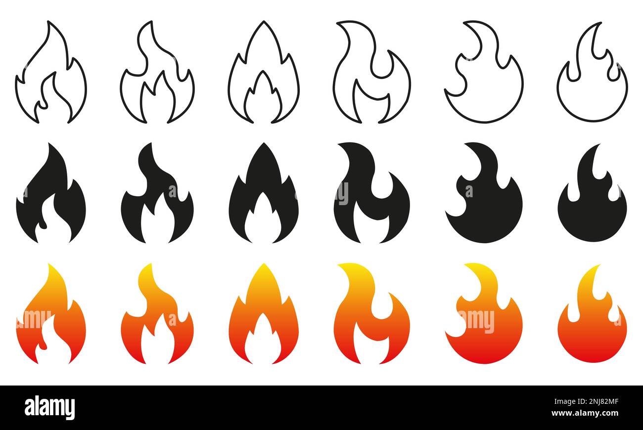 Fire icon collection. Fire flame symbol. Bonfire silhouette logotype ...