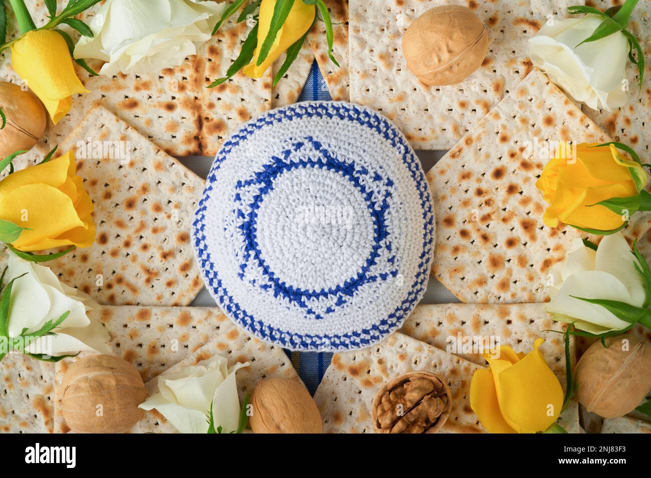 Passover celebration concept. Blue Star of David made from matzah ...