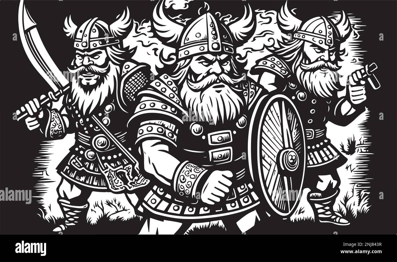Beautiful and trendy black and white linocut art of a viking Stock ...