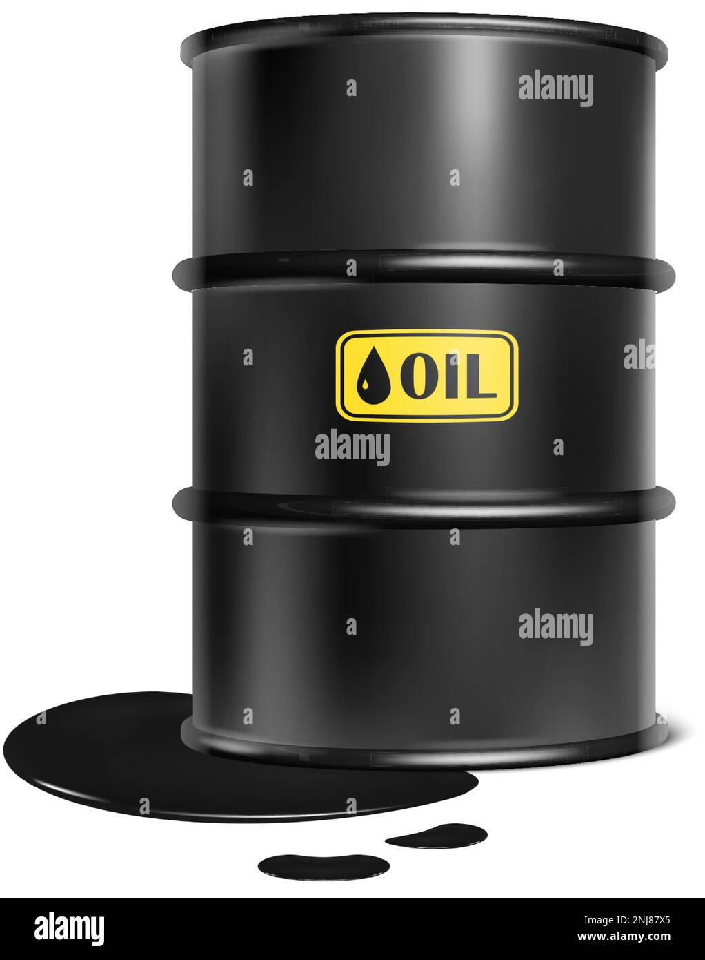 3d realistic vector illustration. Black oil barrel with spilled black ...
