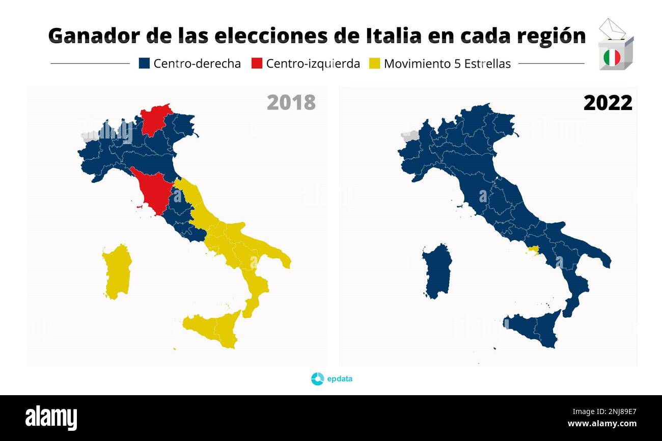 Maps depicting the winning party in each region of Italy in the 2022 ...