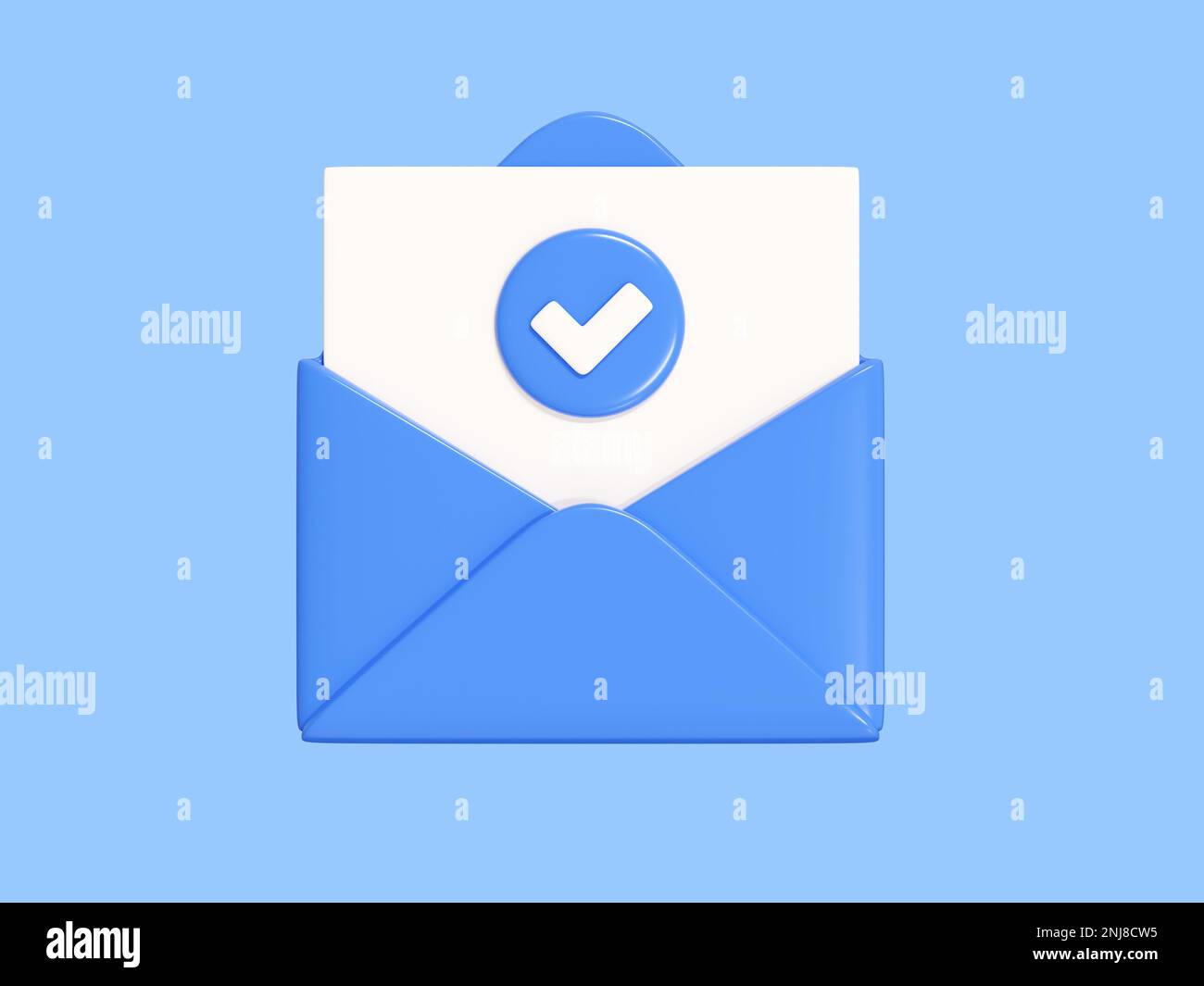 Open letter with card and check mark 3d render - blue envelope with ...