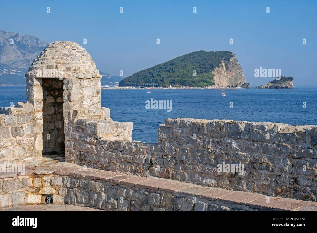 Turret on the Venetian city walls of Budua at the medieval town Budva ...
