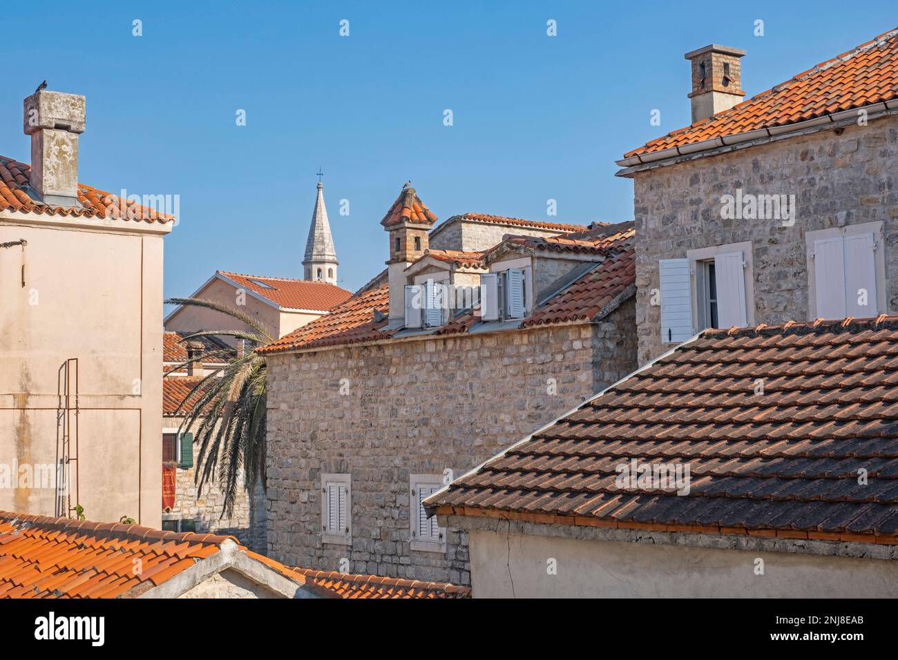 Houses in the Venetian Old Town Budua at the medieval city Budva along ...