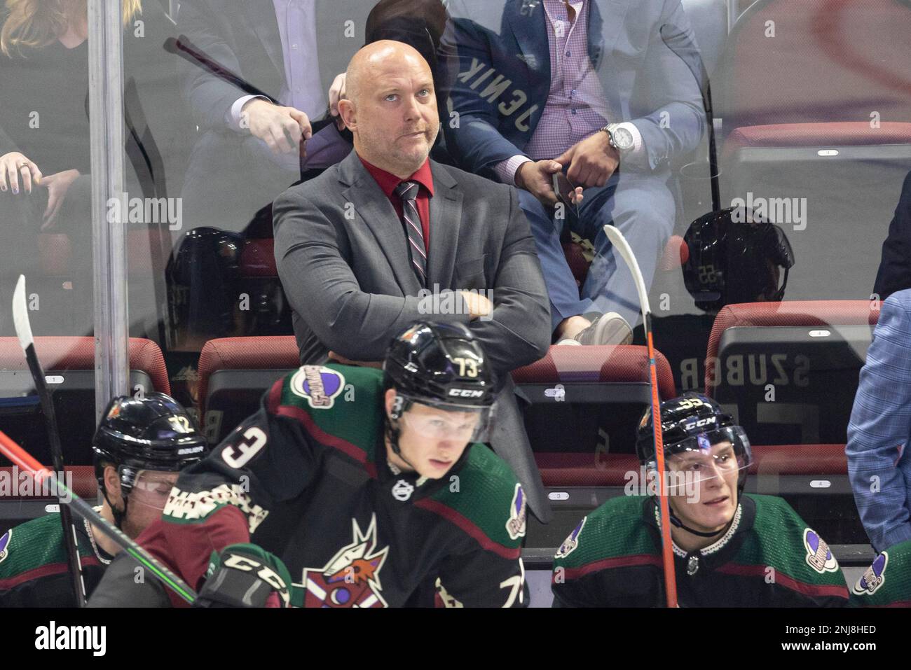Arizona Coyotes coach Andre Tourigny watches from the bench during the ...